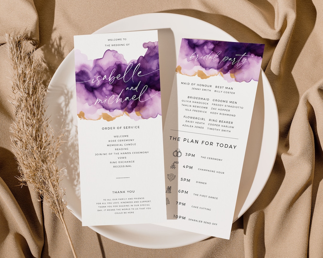 Purple + Gold Wedding Printable Program, Slim Long Watercolor Program ...