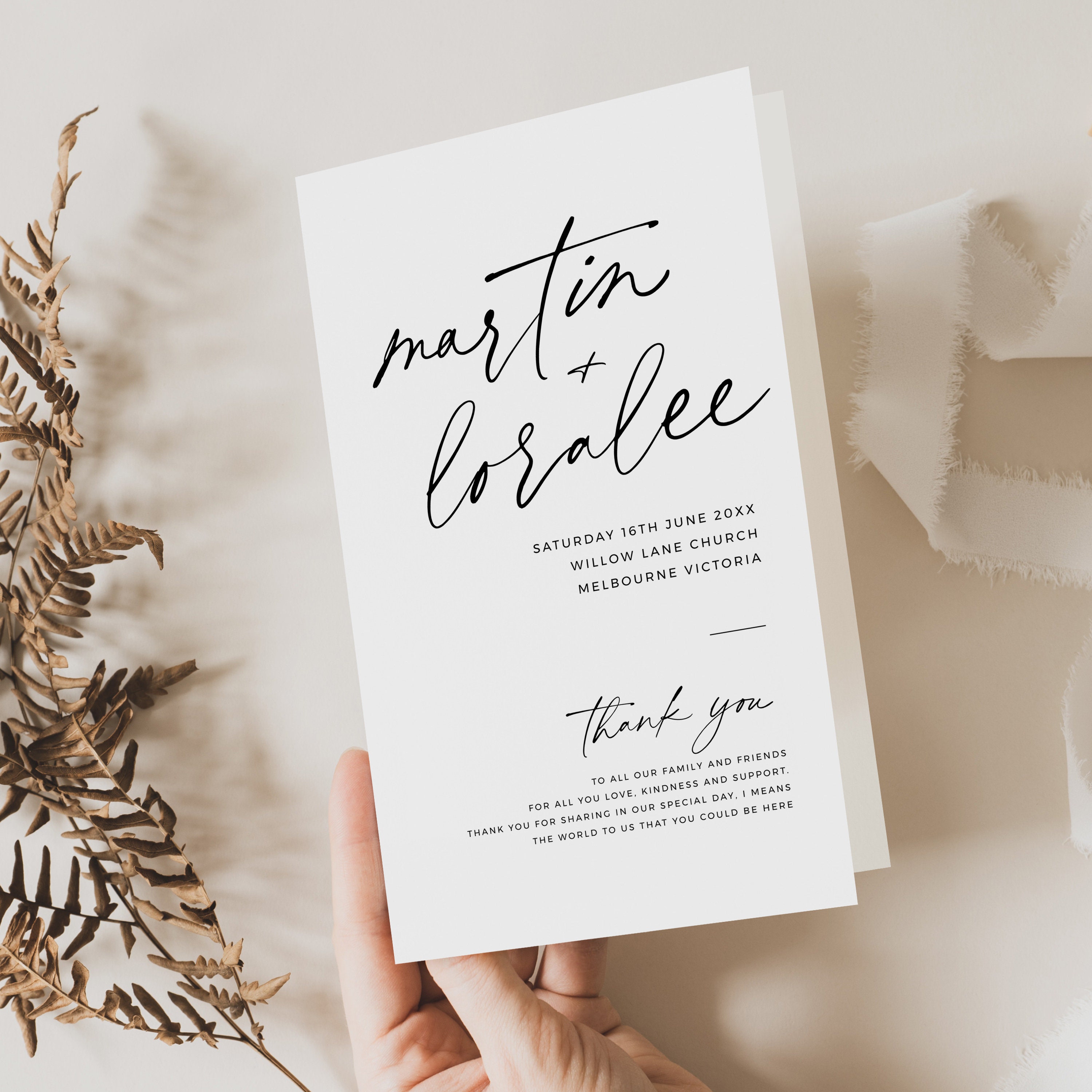Church Wedding Printable Program, Folded Minimalist Wedding Program ...