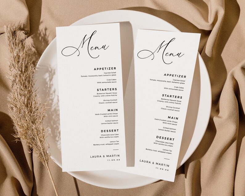 Minimalist Menu Template, Modern Wedding Dinner Menu, Printable, Simple ...
