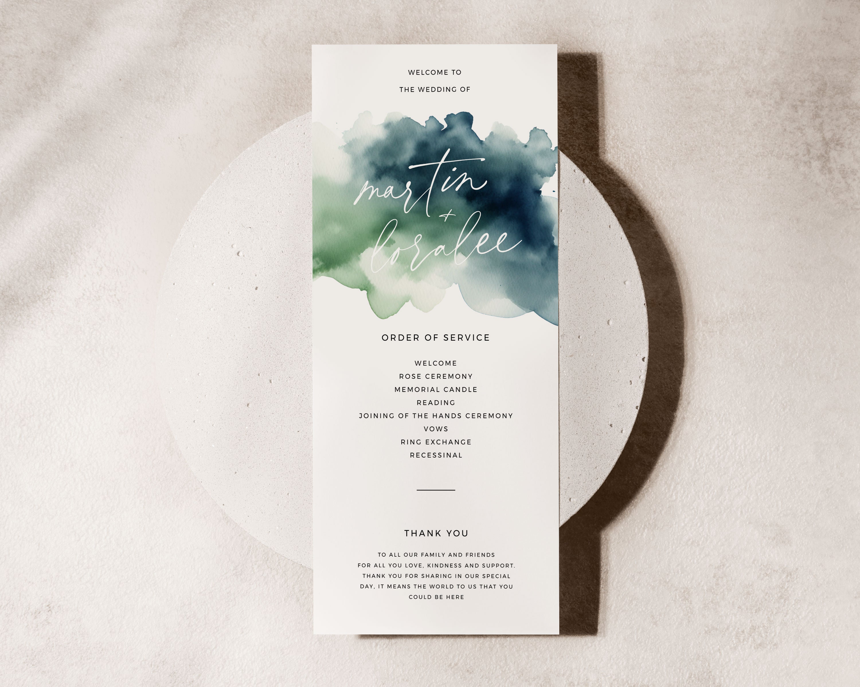 Sage + Navy Wedding Printable Program, Slim Long Watercolor Program ...