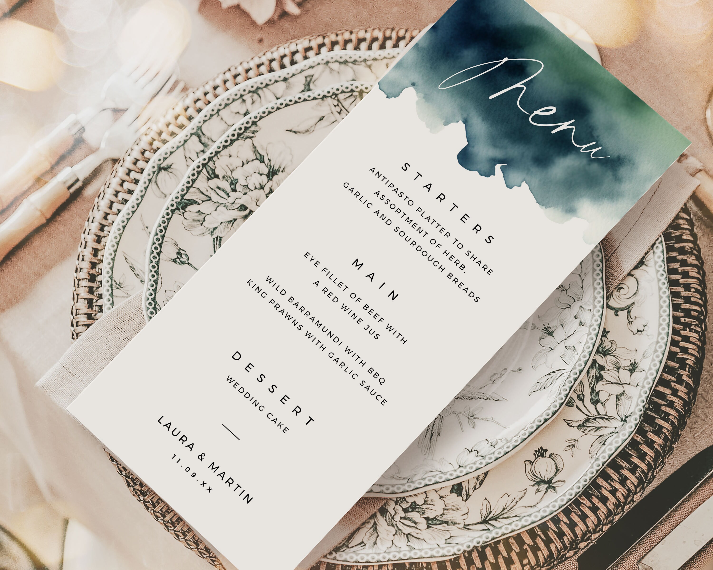 Navy and Sage Green Wedding Menu Template, Printable Eat Wedding Card ...