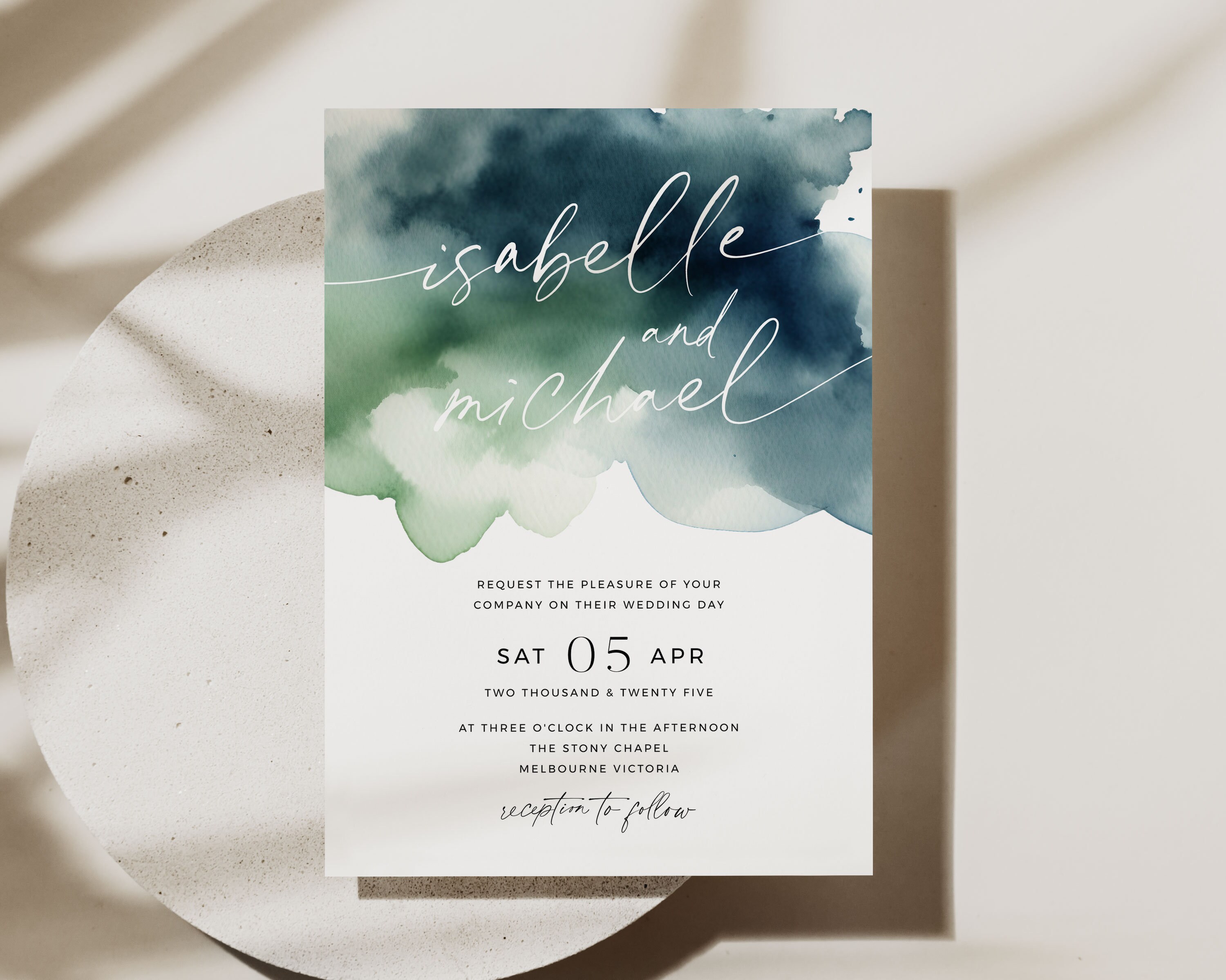 Navy and Sage Wedding Invitation Template, Printable Watercolor Boho ...