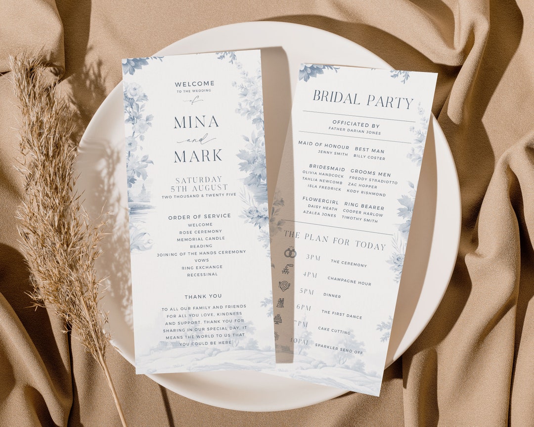 Toile Dusty Blue Wedding Printable Program, Slim Long Minimalist ...