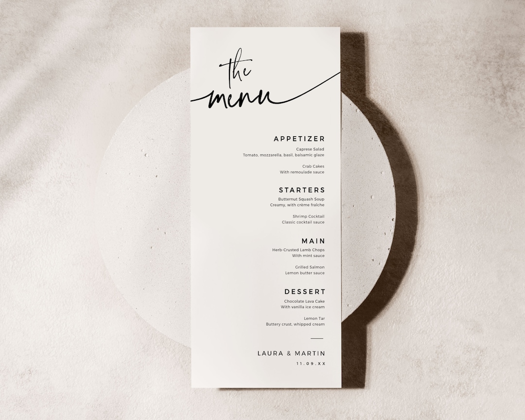 Minimalist Menu Template, Modern Wedding Dinner Menu, Printable, Simple ...