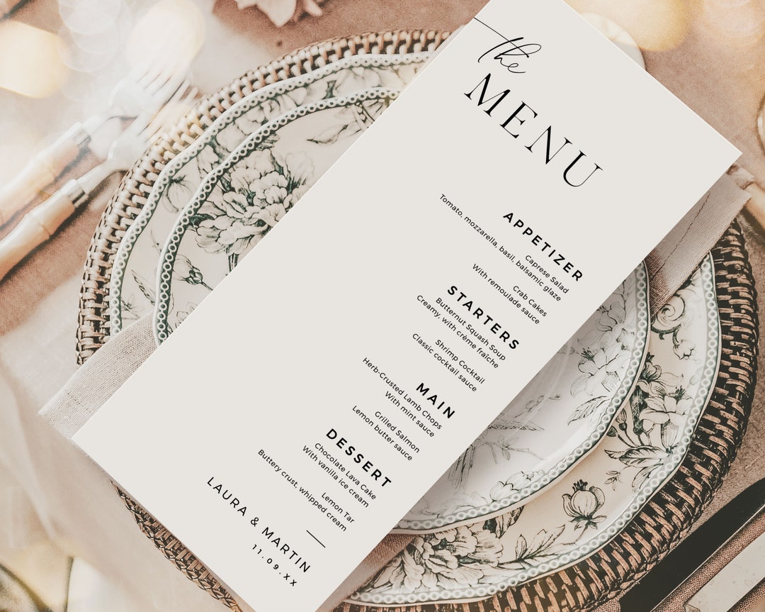 Minimalist Wedding Menu Photo Template, Modern Wedding Dinner Menu ...