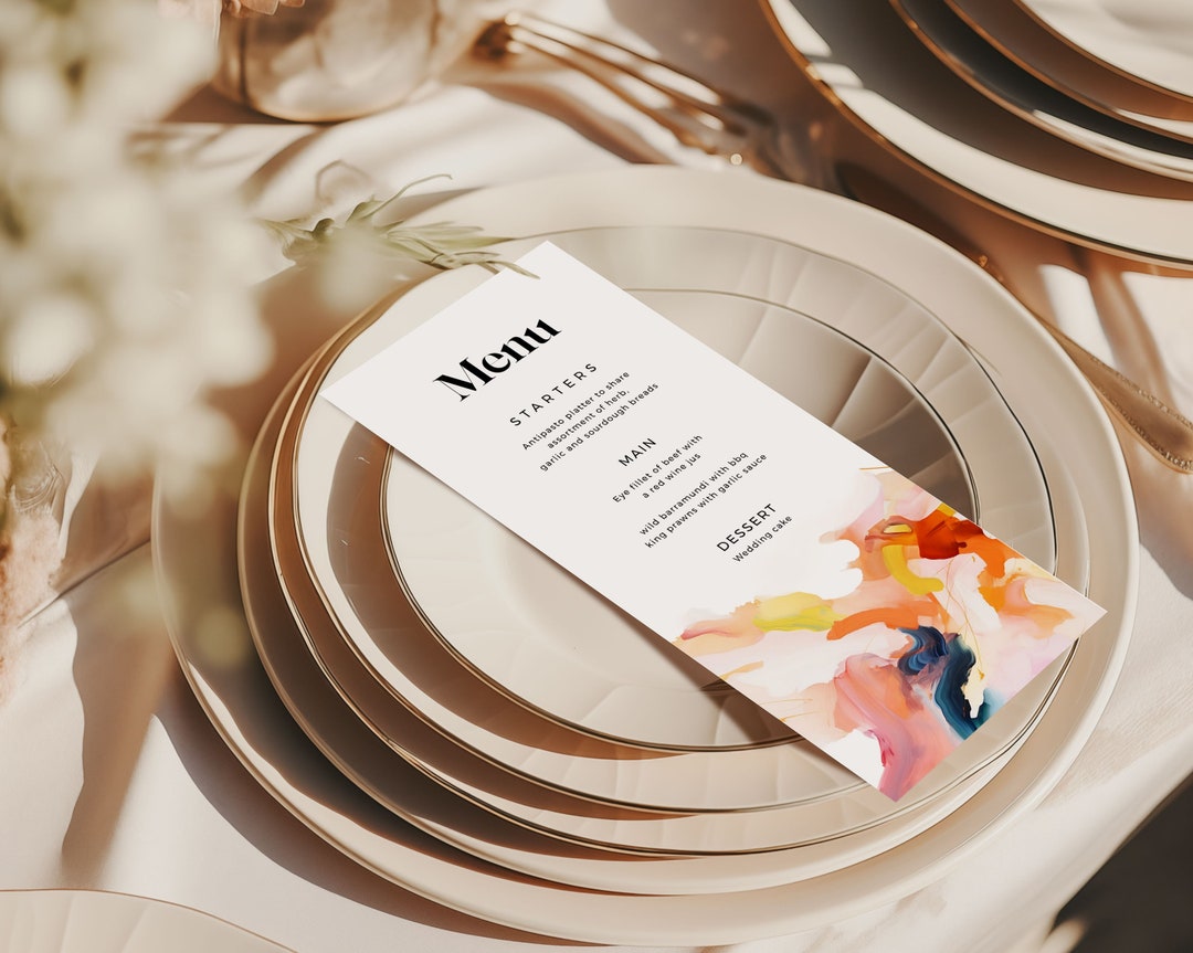 Artistic Wedding Menu Template, Printable Eat Wedding Card, Bright ...