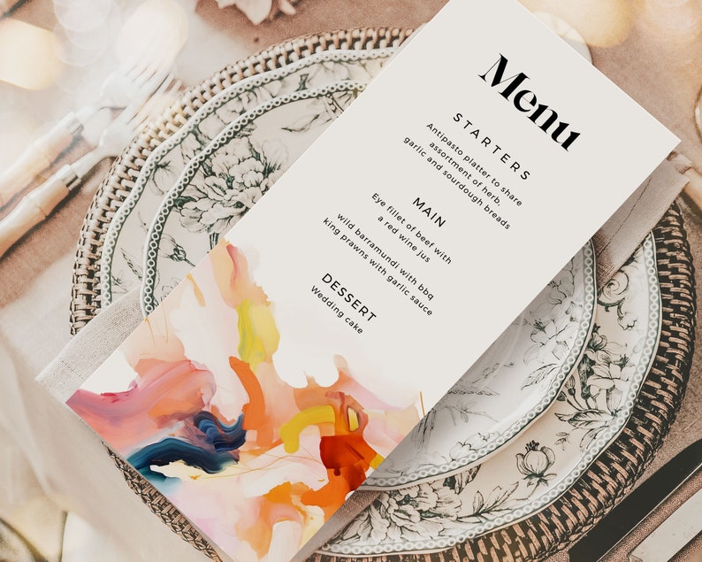 Artistic Wedding Menu Template, Printable Eat Wedding Card, Bright ...