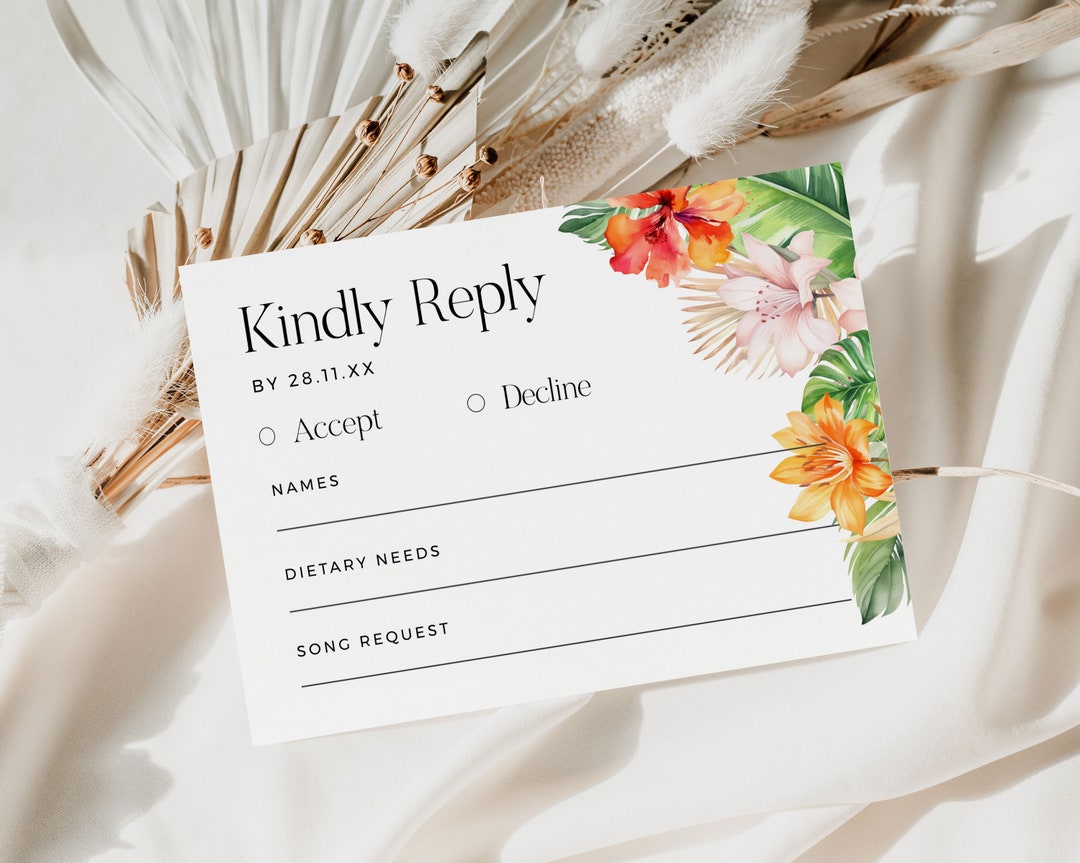 Tropical Wedding RSVP Card Insert Template, Printable Boho Floral ...