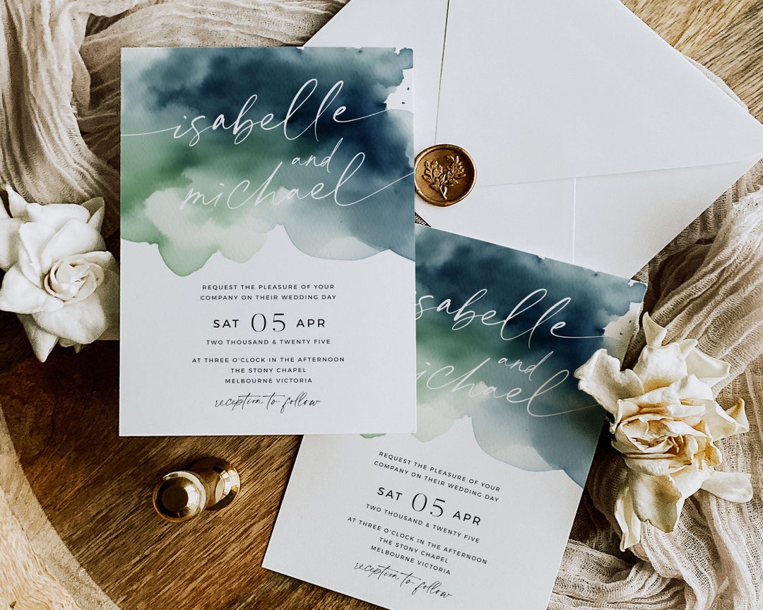 Navy and Sage Wedding Invitation Template, Printable Watercolor Boho ...