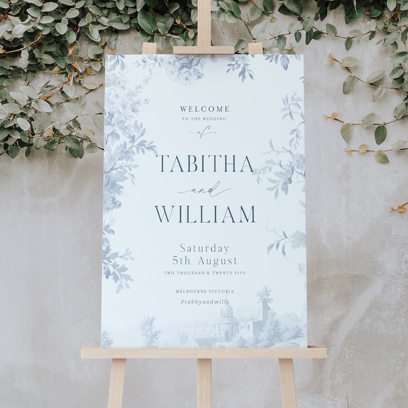 Toile Wedding Welcome Sign, Editable Ceremony or Reception Sign, Dusty ...