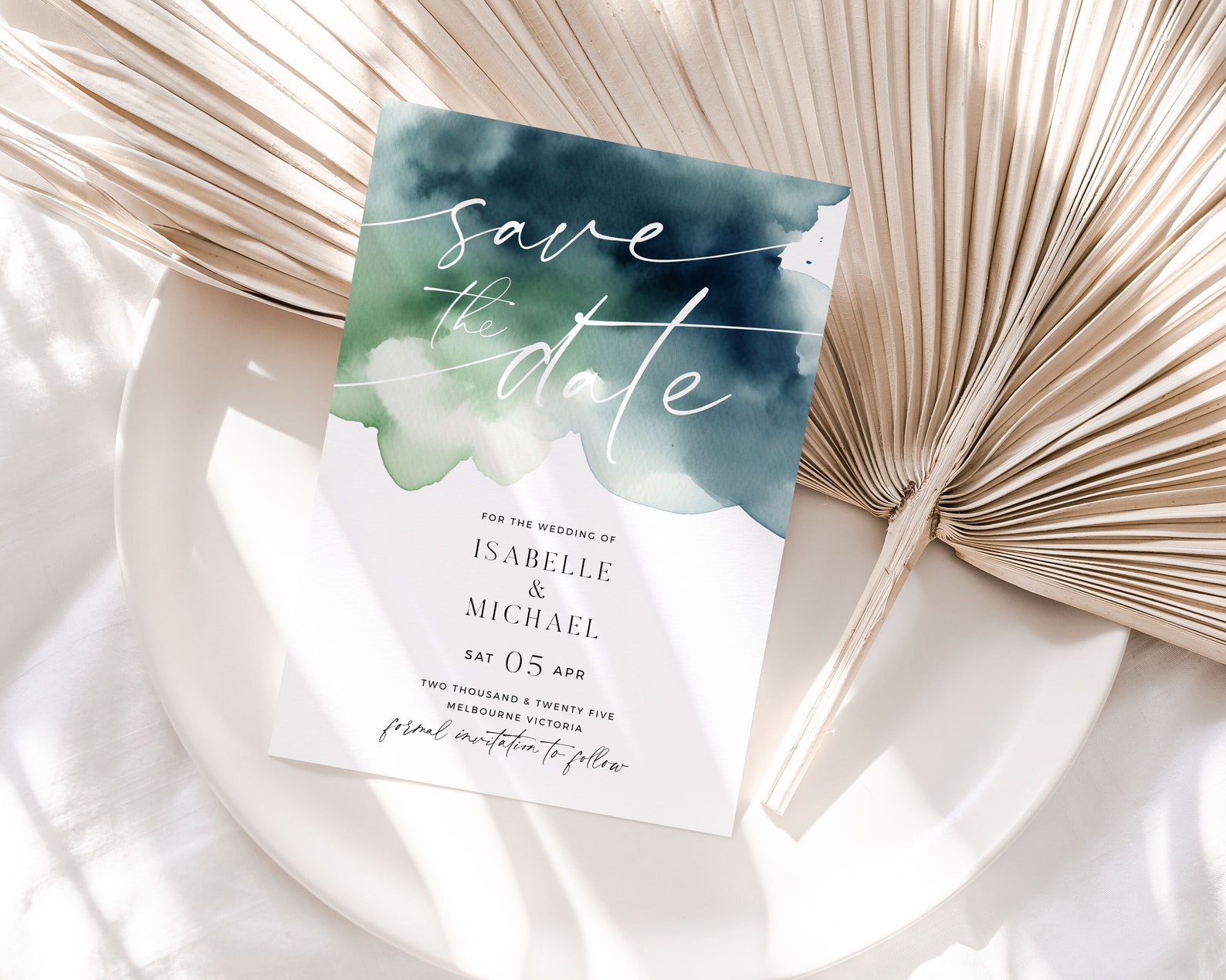 Navy and Sage Wedding Save the Date Card, Printable Boho Destination ...