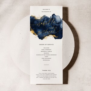 Navy Blue + Gold Wedding Printable Program, Slim Long Watercolor ...