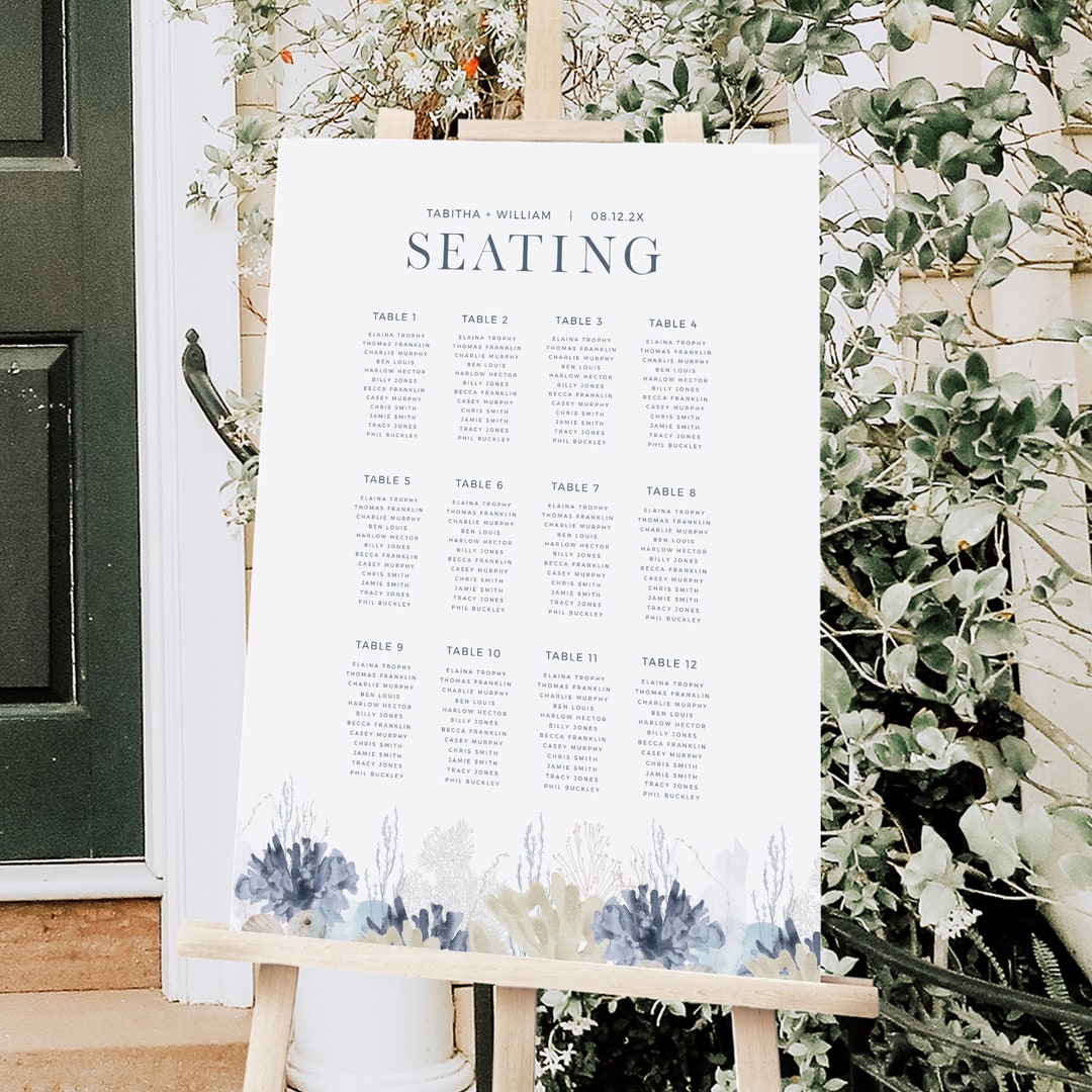 Blue Seashells Wedding Seating Chart Template INSTANT DOWNLOAD Ocean ...