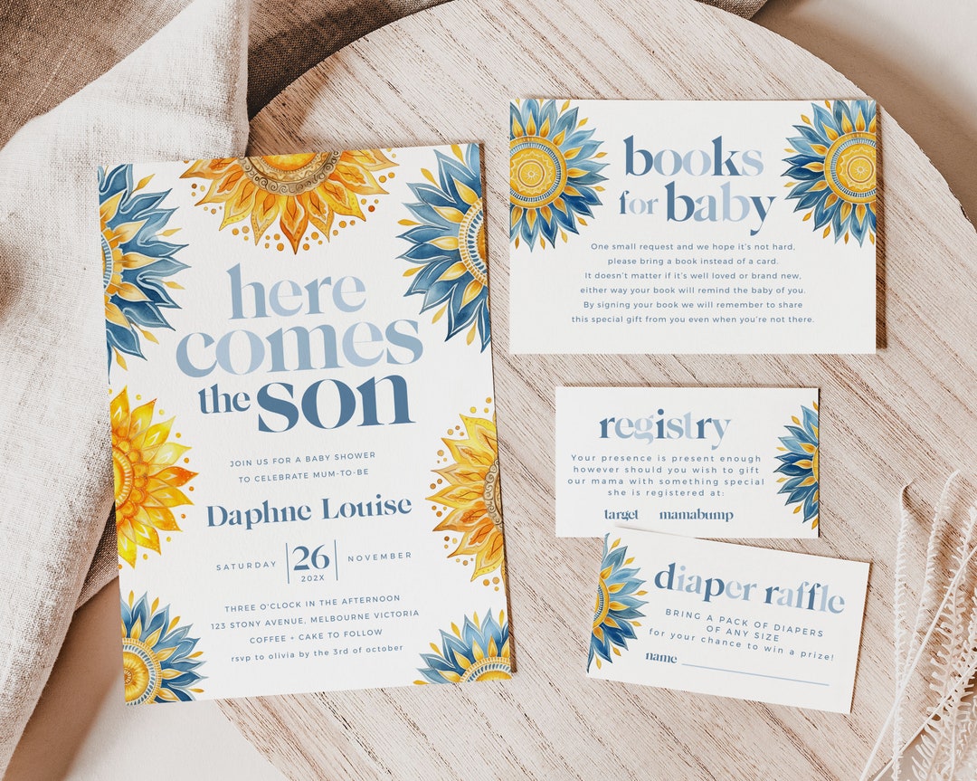 Baby Shower Invitation Bundle, Printable Boho Sunshine Invite, Registry ...