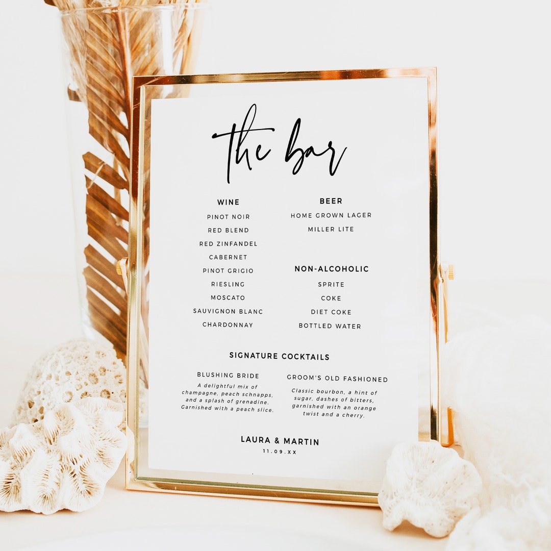 Simple Bar Menu Template, Minimalist Wedding Drink Menu, Modern ...
