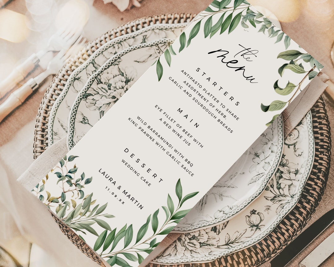 Greenery Wedding Menu Template, Printable Eat Wedding Card, Leaves ...