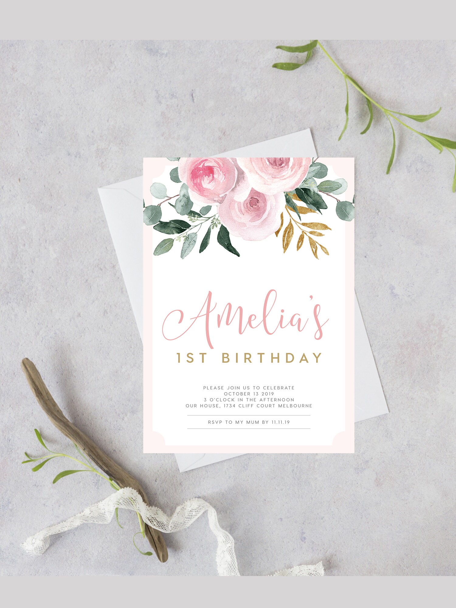 Floral 1st Birthday Invitation Instant Download Invites Etsy
