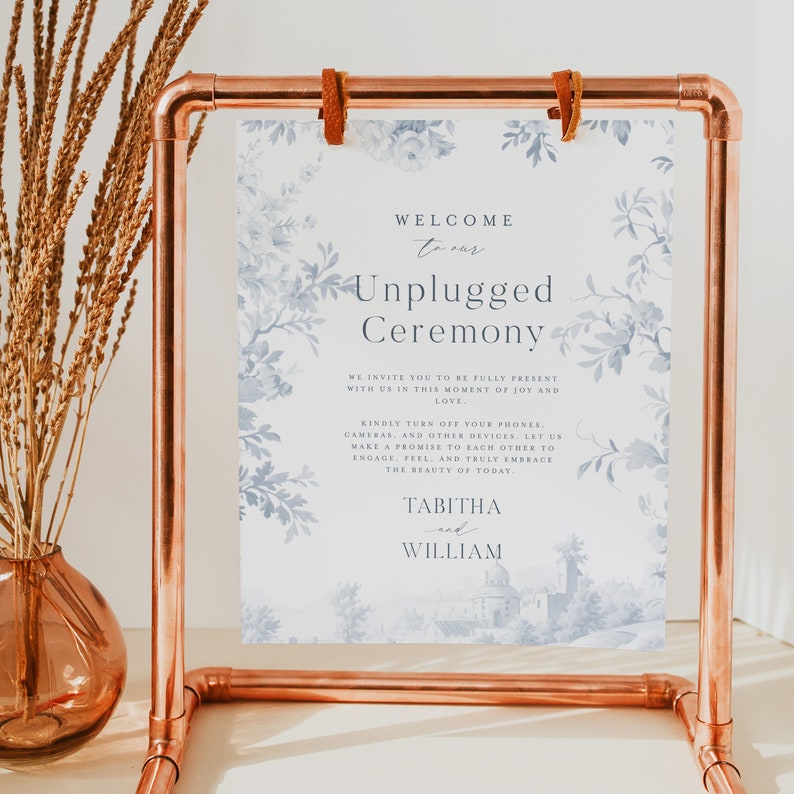Toile Dusty Blue Wedding Unplugged Ceremony Sign Template, Pick A Seat ...
