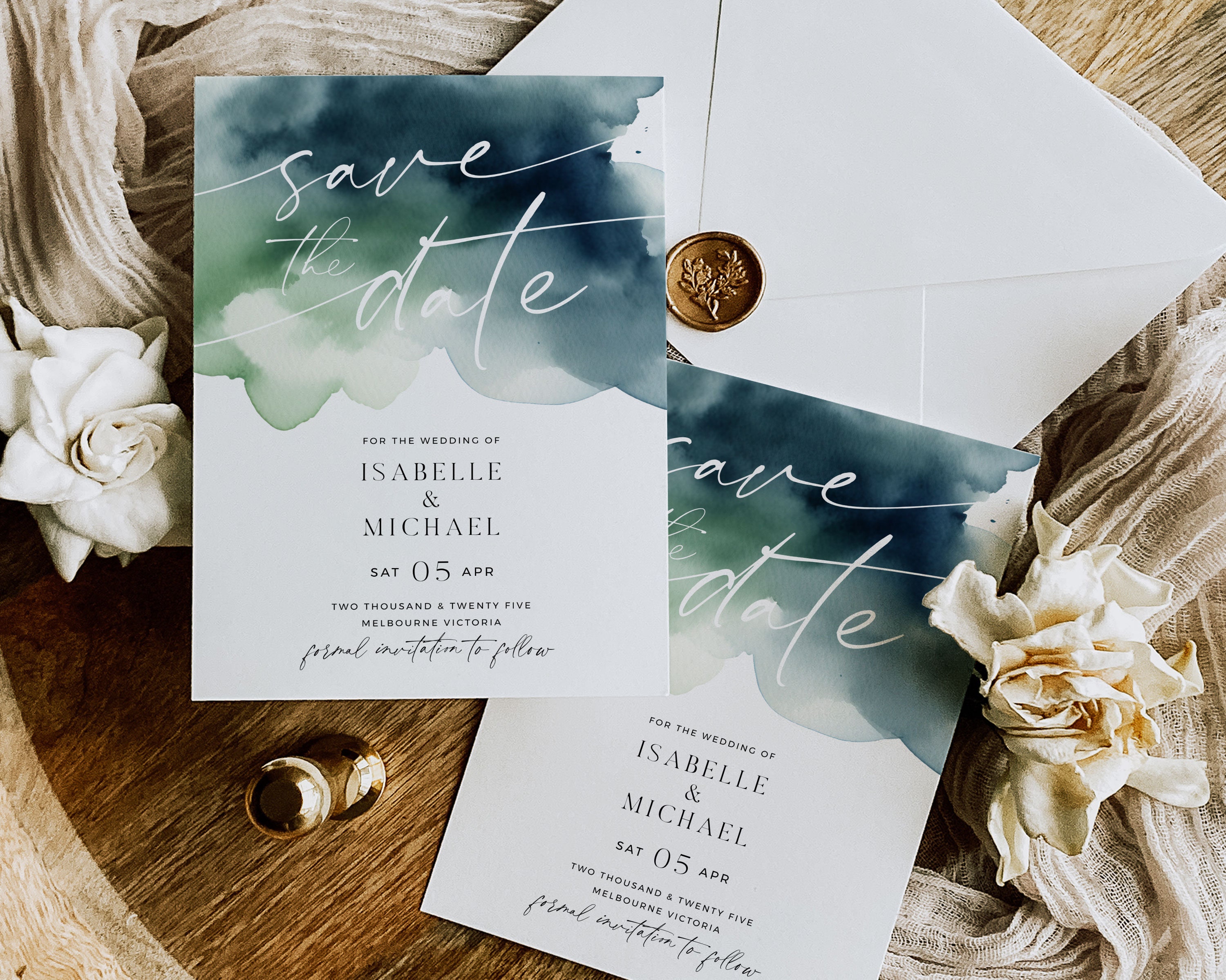 Navy and Sage Wedding Save the Date Card, Printable Boho Destination ...