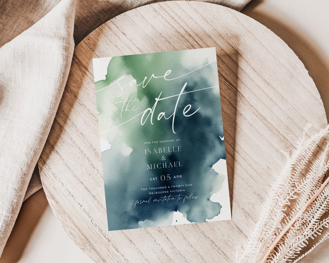 Navy and Sage Wedding Save the Date Card, Printable Boho Destination ...