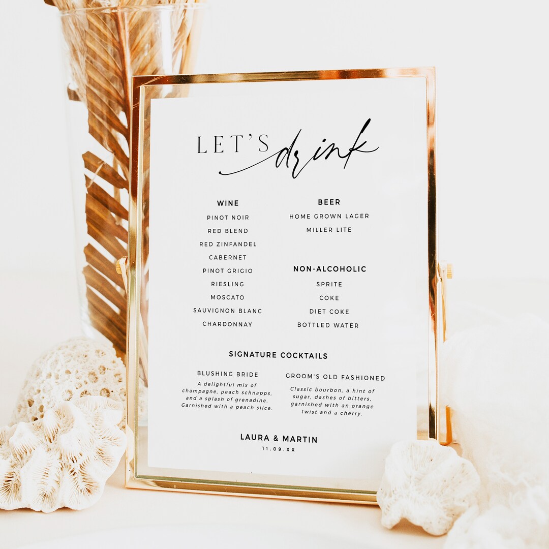 Minimalist Bar Menu Template, Let's Drink Simple Wedding Menu, Modern ...