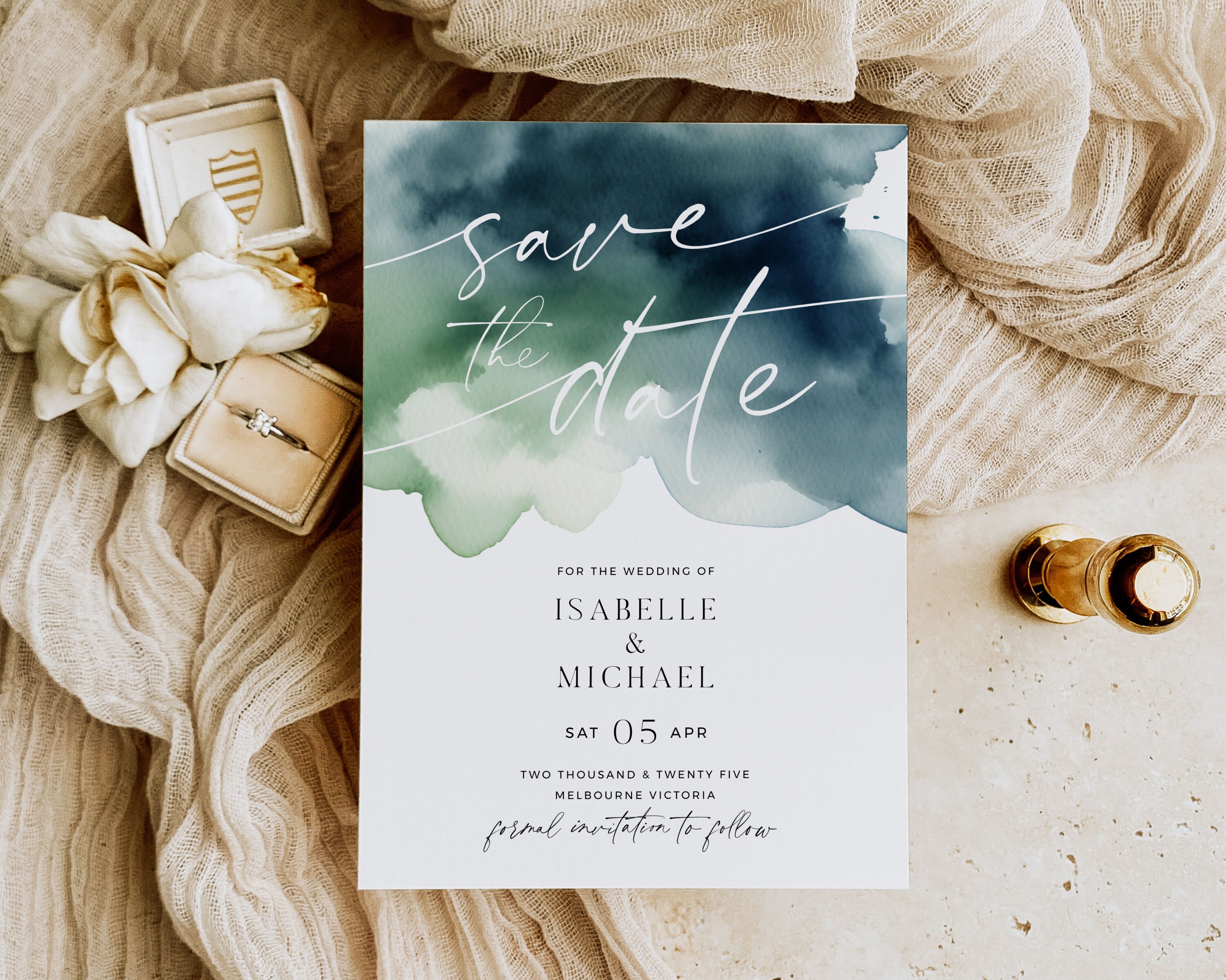 Navy and Sage Wedding Save the Date Card, Printable Boho Destination ...