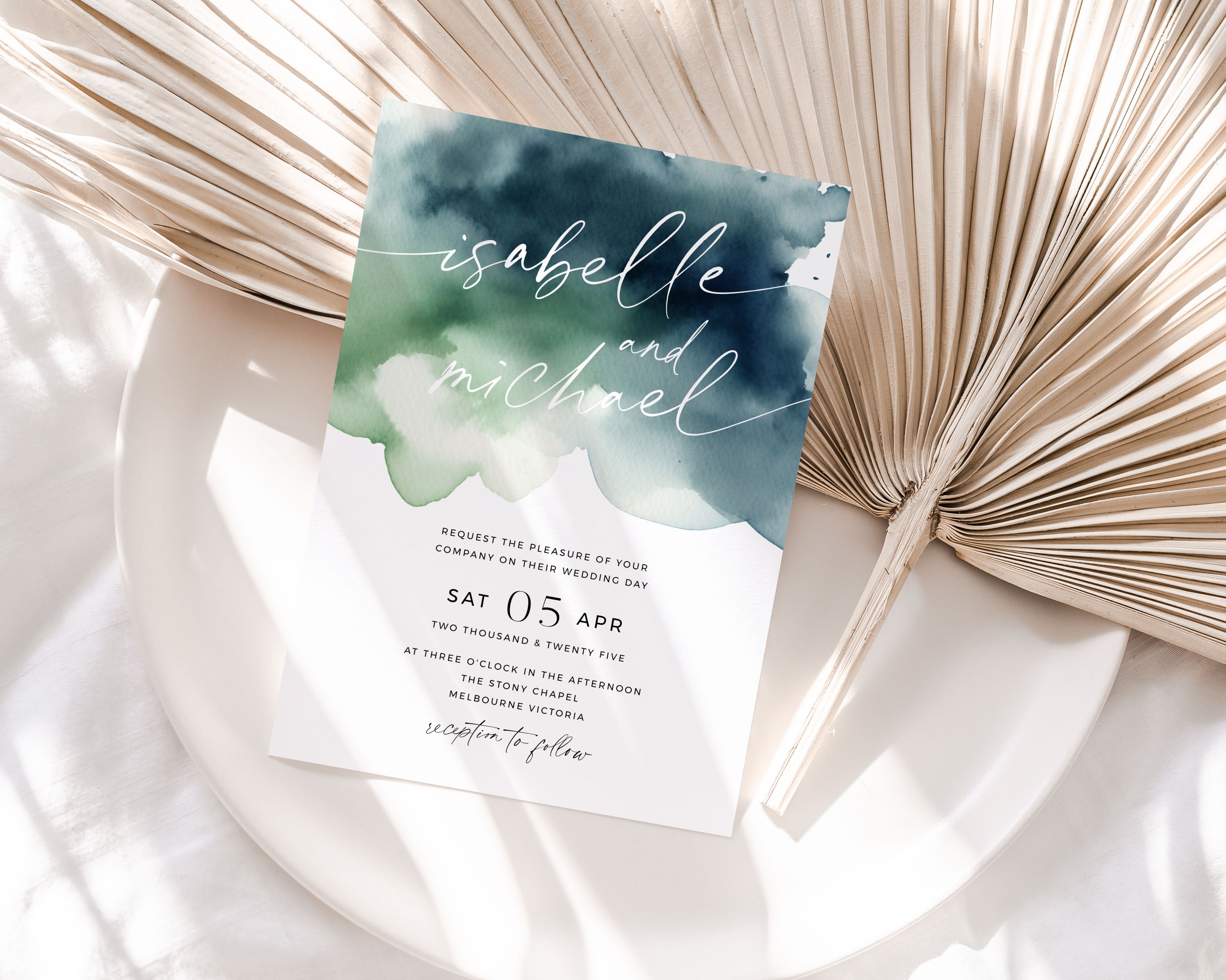 Navy and Sage Wedding Invitation Template, Printable Watercolor Boho ...