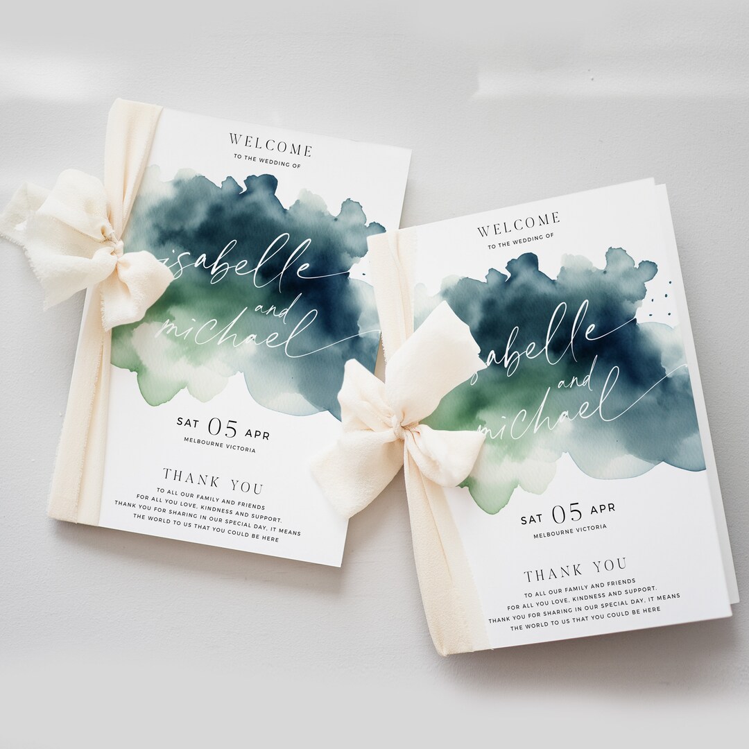 Navy and Sage Wedding Printable Program, Folded Template, Blue and ...