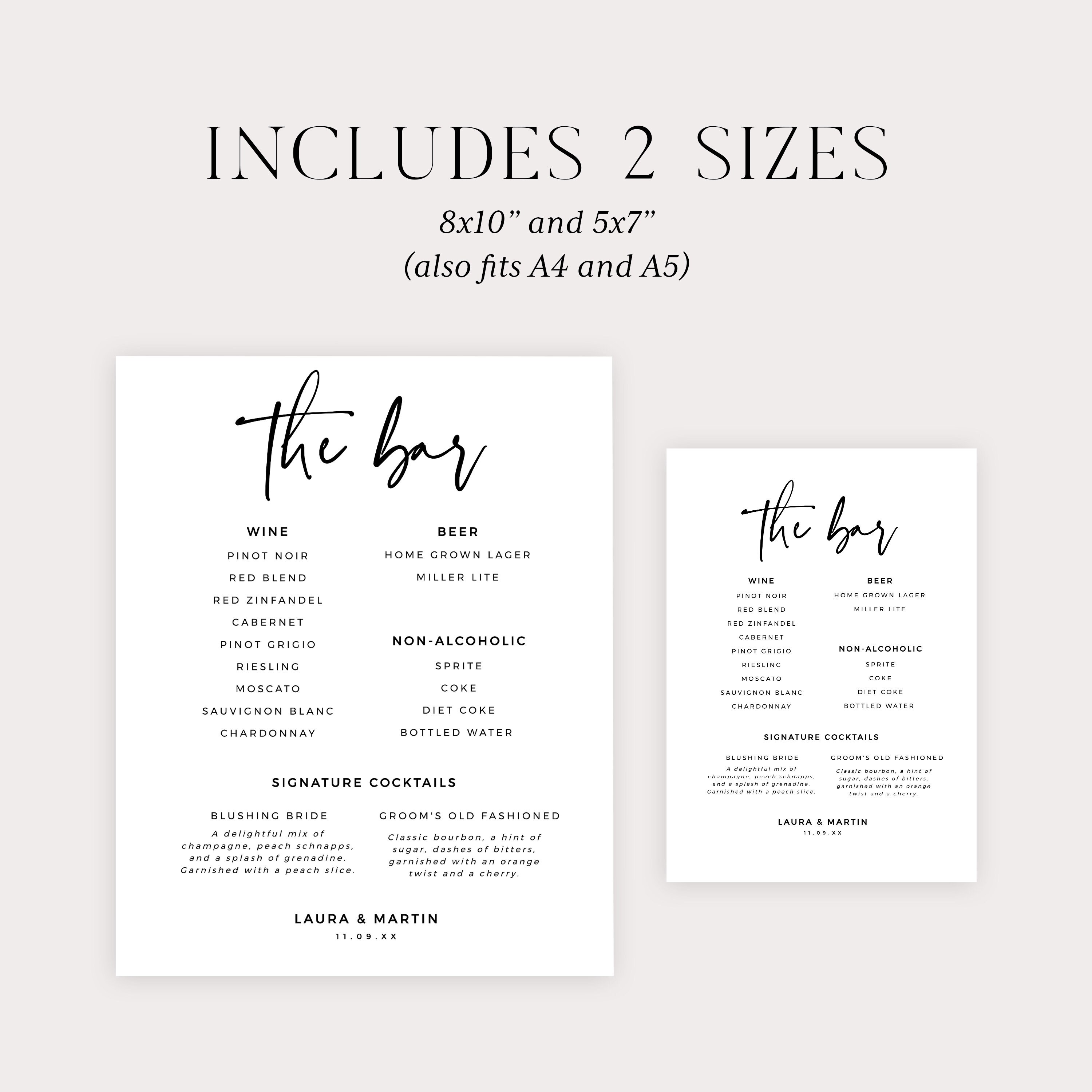 Simple Bar Menu Template, Minimalist Wedding Drink Menu, Modern ...