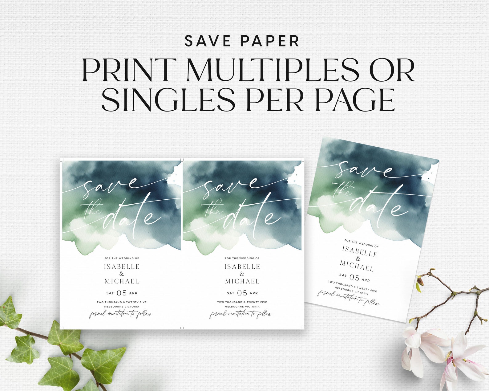 Navy and Sage Wedding Save the Date Card, Printable Boho Destination ...