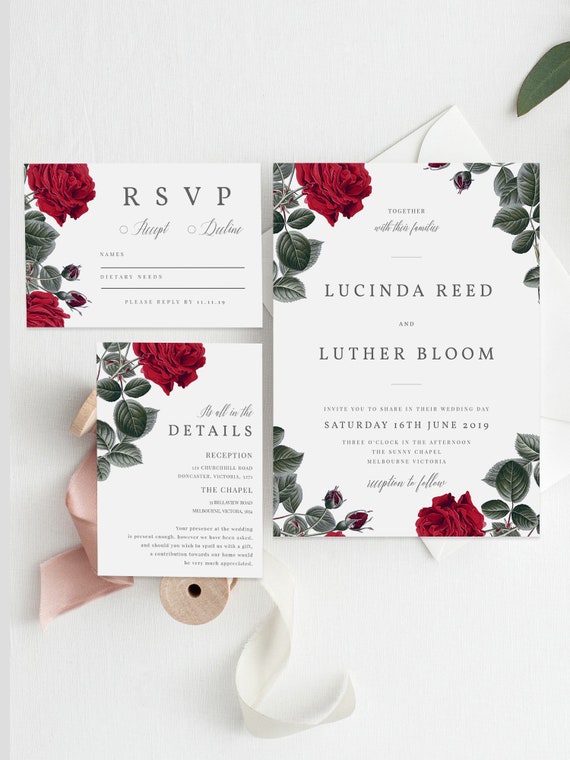 Editable pdf DIY Printable Invitation Red rose invite Wedding ...