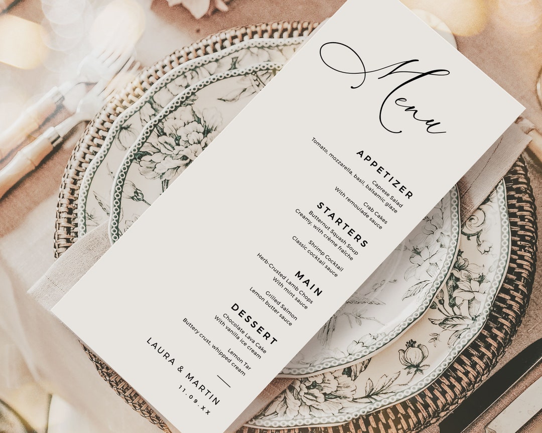 Minimalist Menu Template, Modern Wedding Dinner Menu, Printable, Simple ...