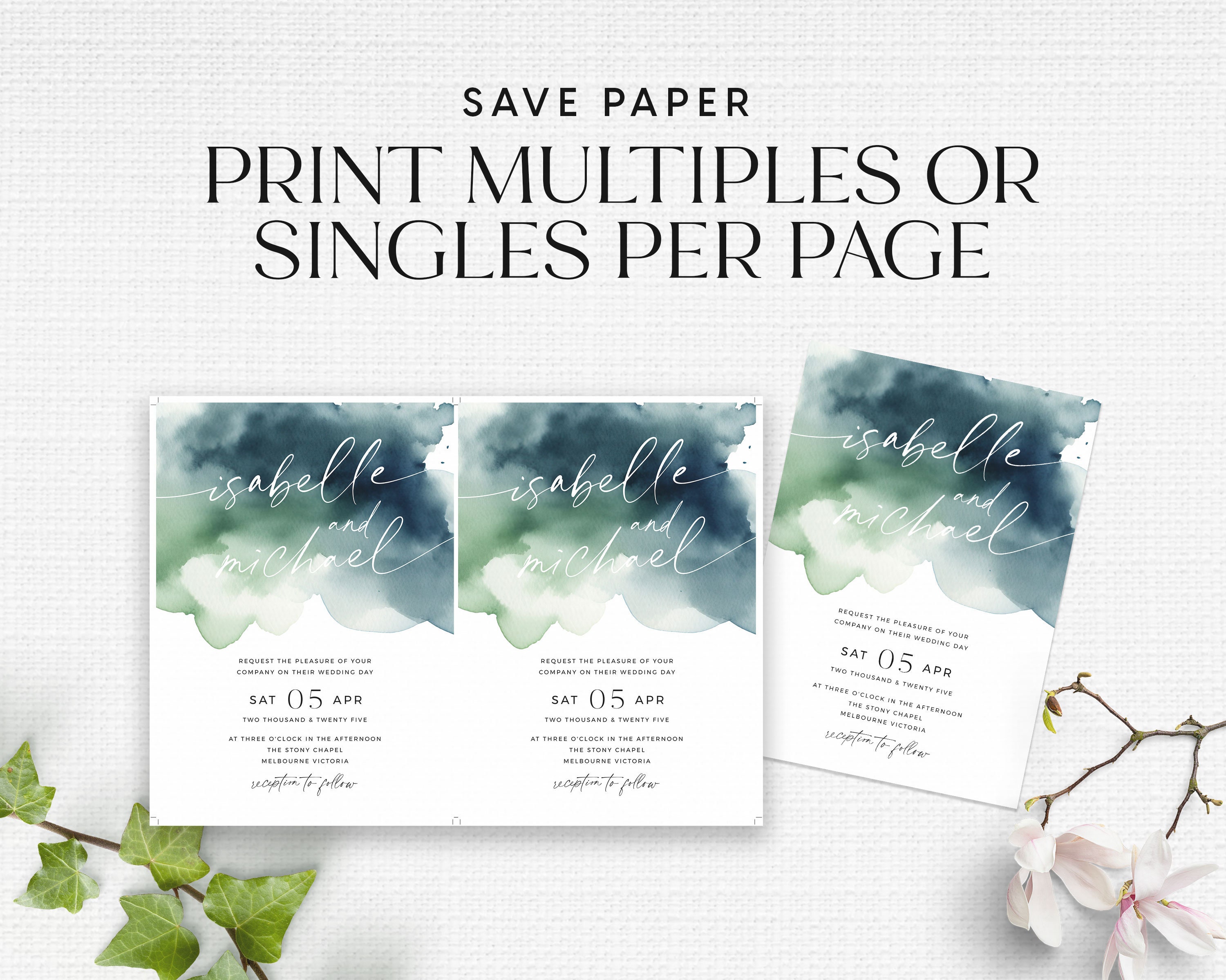 Navy and Sage Wedding Suite Template, Printable Watercolor Boho Wedding ...