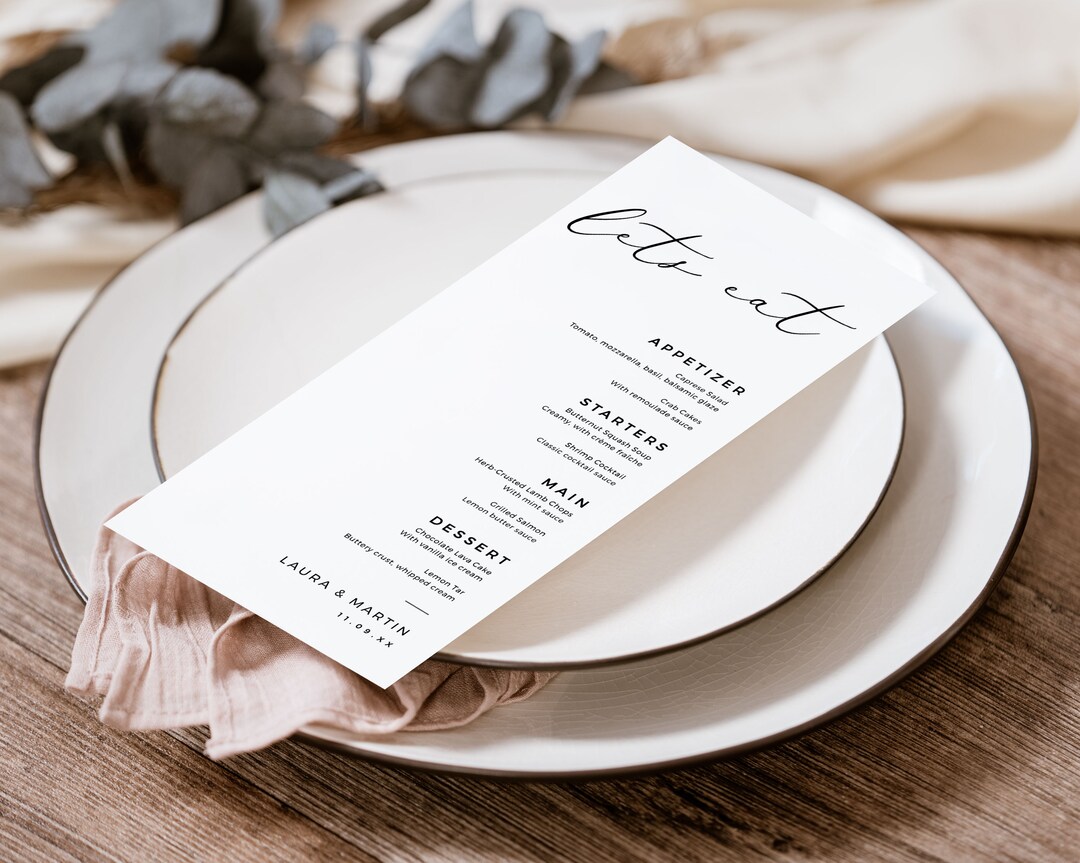 Let's Eat Menu Template, Modern Wedding Dinner Menu, Printable, Simple ...