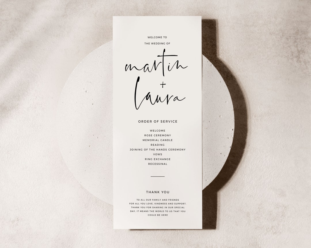 Minimalist Wedding Printable Program, Slim Long Simple Modern Program ...