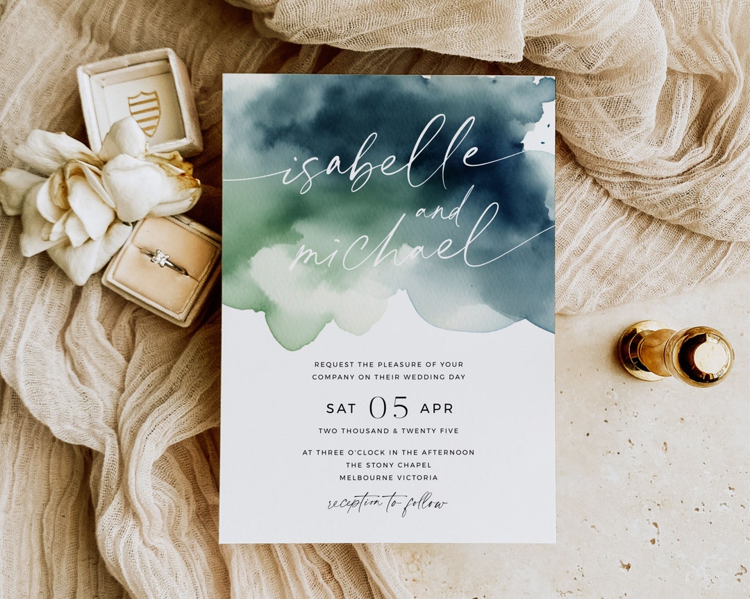 Navy and Sage Wedding Invitation Template, Printable Watercolor Boho ...