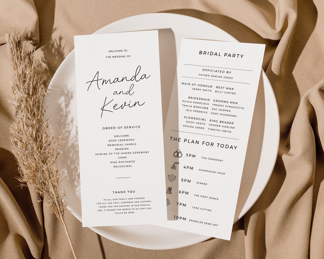 Minimalist Wedding Printable Program, Slim Long Simple Modern Program ...