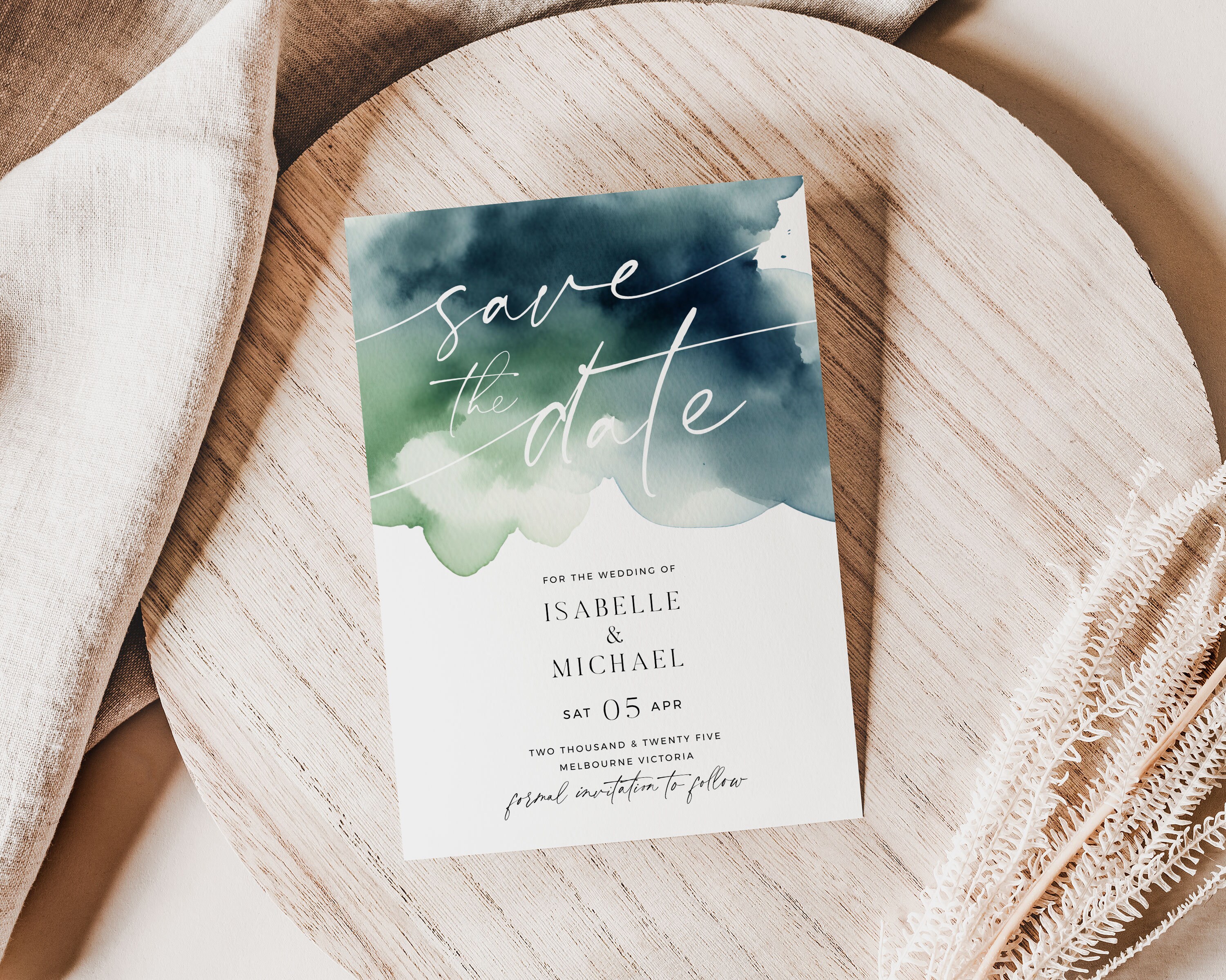 Navy and Sage Wedding Save the Date Card, Printable Boho Destination ...