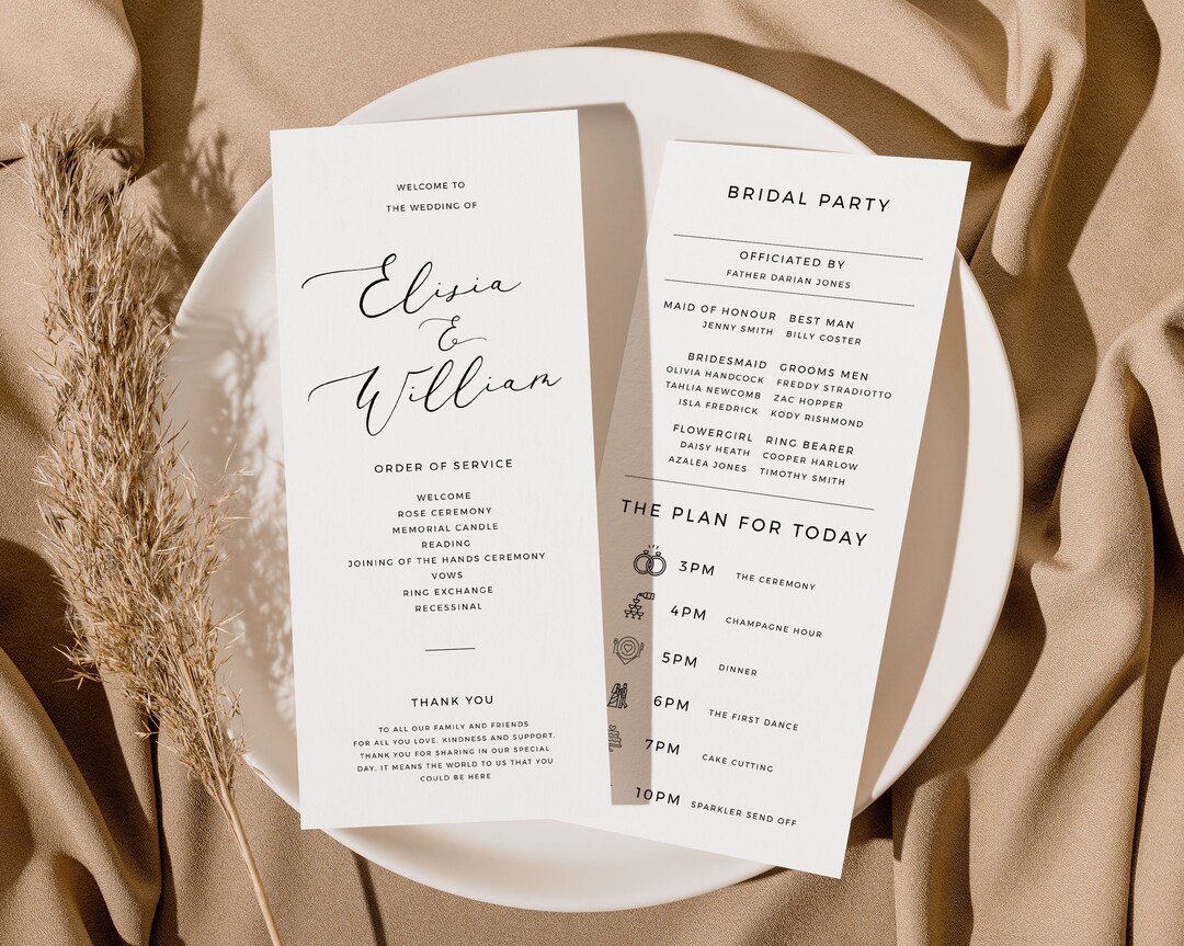 Minimalist Wedding Printable Program, Slim Long Simple Modern Program ...