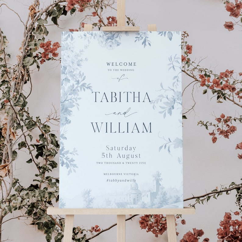 Toile Wedding Welcome Sign, Editable Ceremony or Reception Sign, Dusty ...