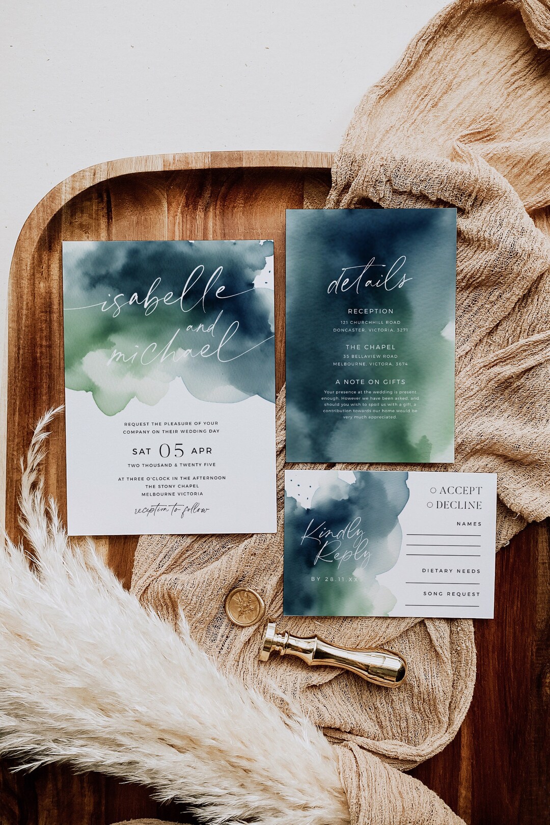 Navy and Sage Wedding Suite Template, Printable Watercolor Boho Wedding ...