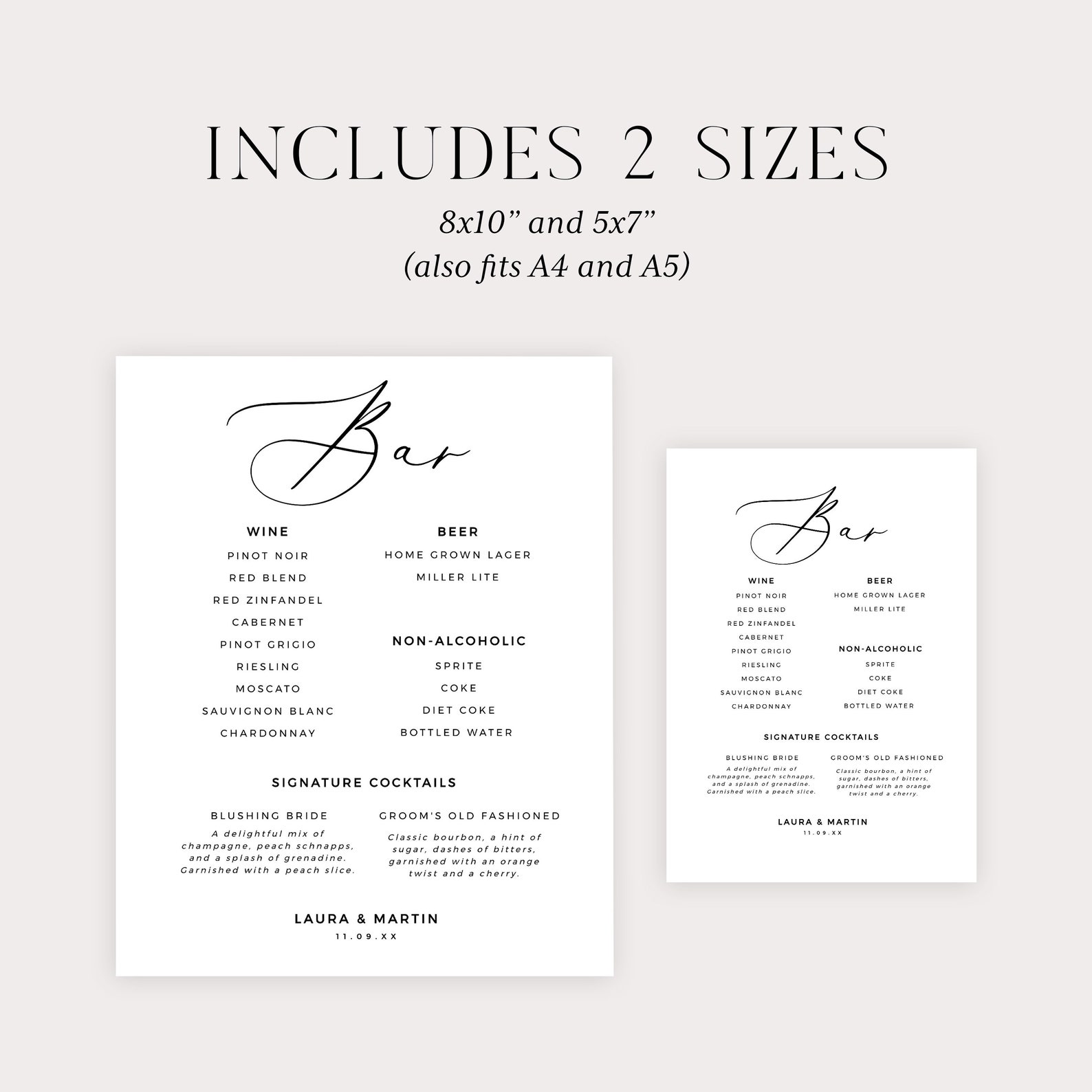 Simple Bar Menu Template, Minimalist Wedding Drink Menu, Modern ...