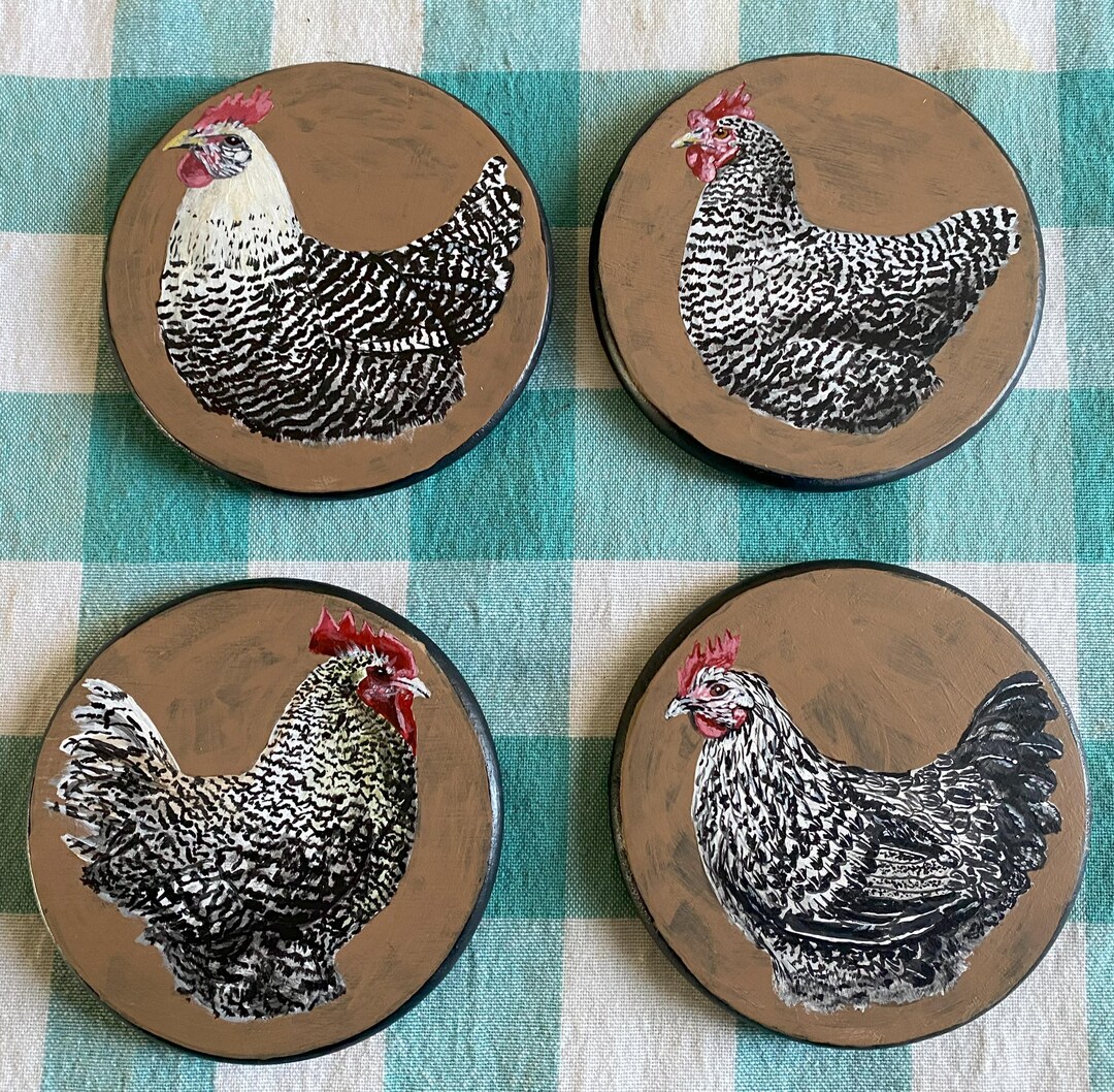 Hand Painted Coasters, Set of 4 Wooden Coasters, Hand Painted Chickens ...