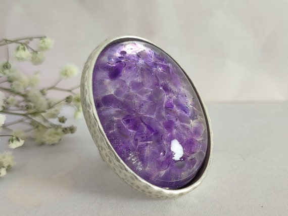 Amethyst Silver Ring Large Purple Stone Ring Adjustable - Etsy
