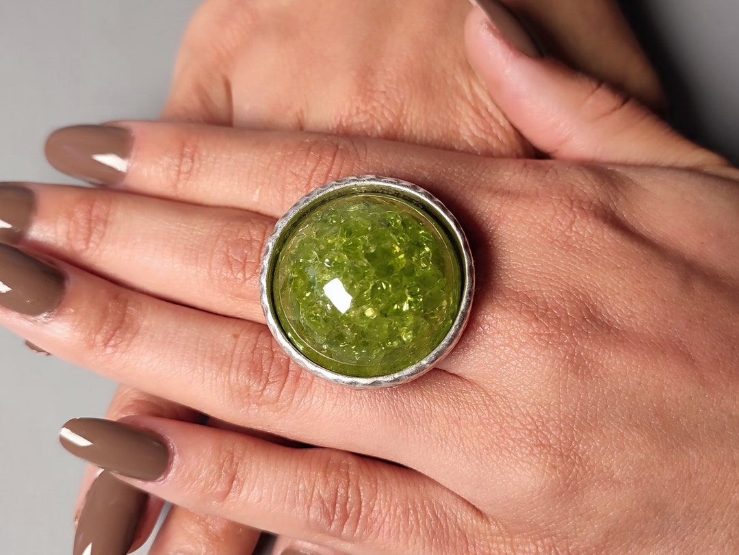 Peridot Ring, Green Gemstone Cocktail Ring,adjustable Big Stone Ring ...