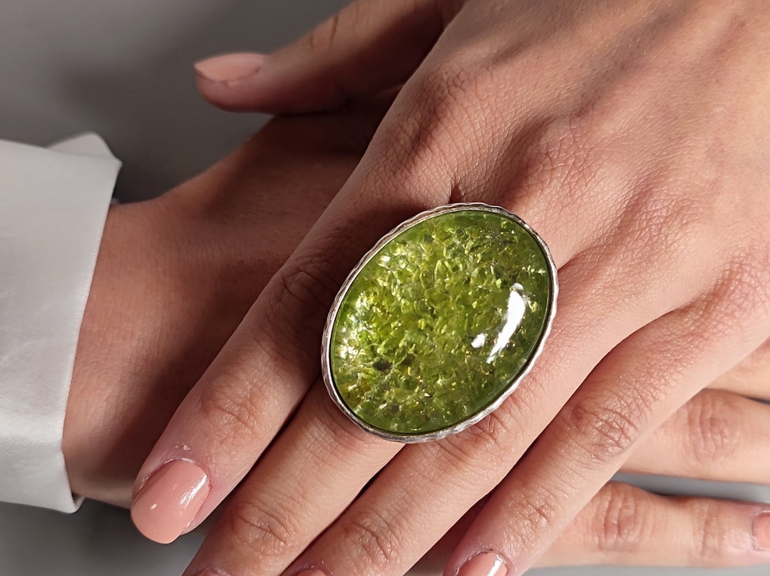 Large Peridot Statement Ring: Antique Silver, Adjustable - Etsy