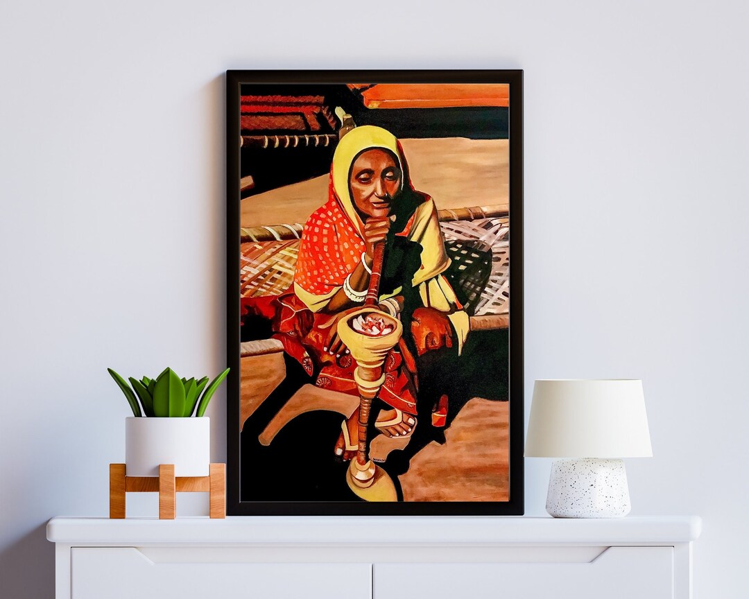 Hookah Woman Painting on Canvas, Indian Folk Artwork, Indian Desi Wall ...