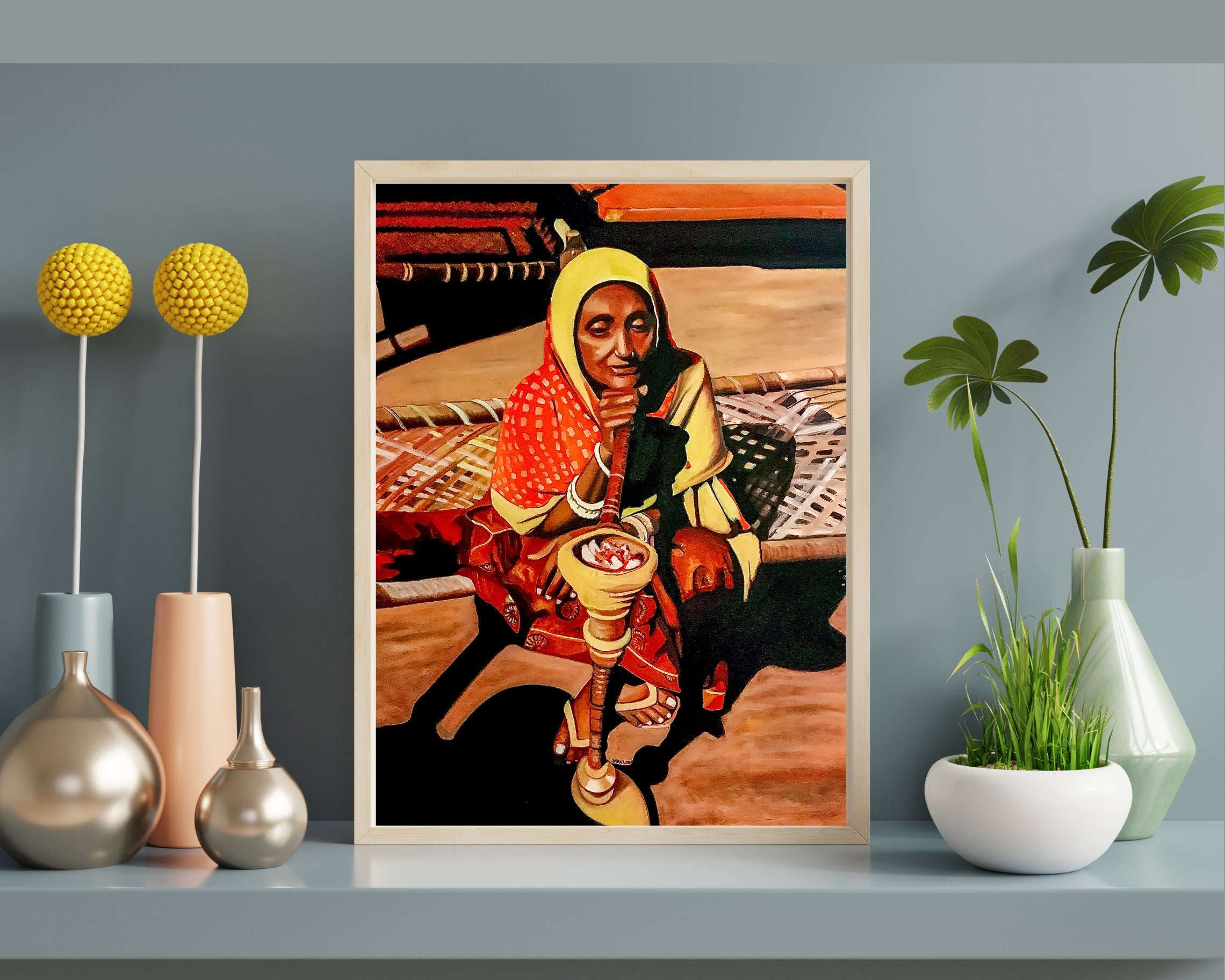 Hookah Woman Painting on Canvas Indian Folk Artwork Indian - Etsy