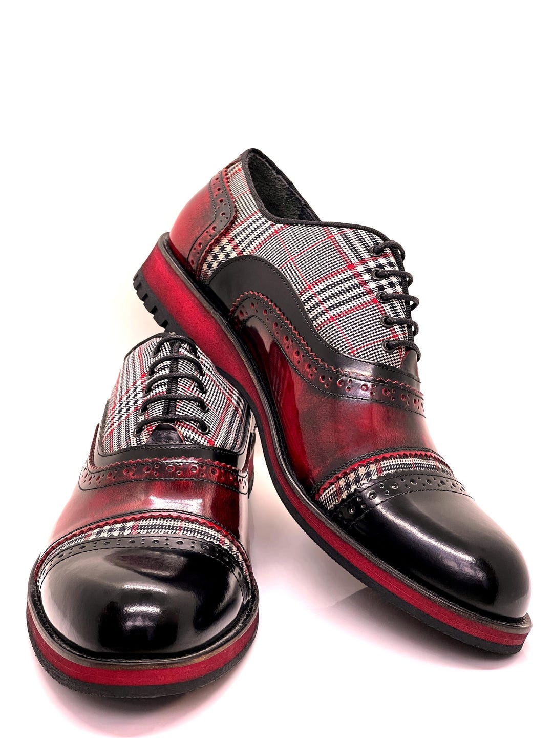 Handcrafted Men's Brogues – Red and Black Check, Leather and Fabric Mix ...