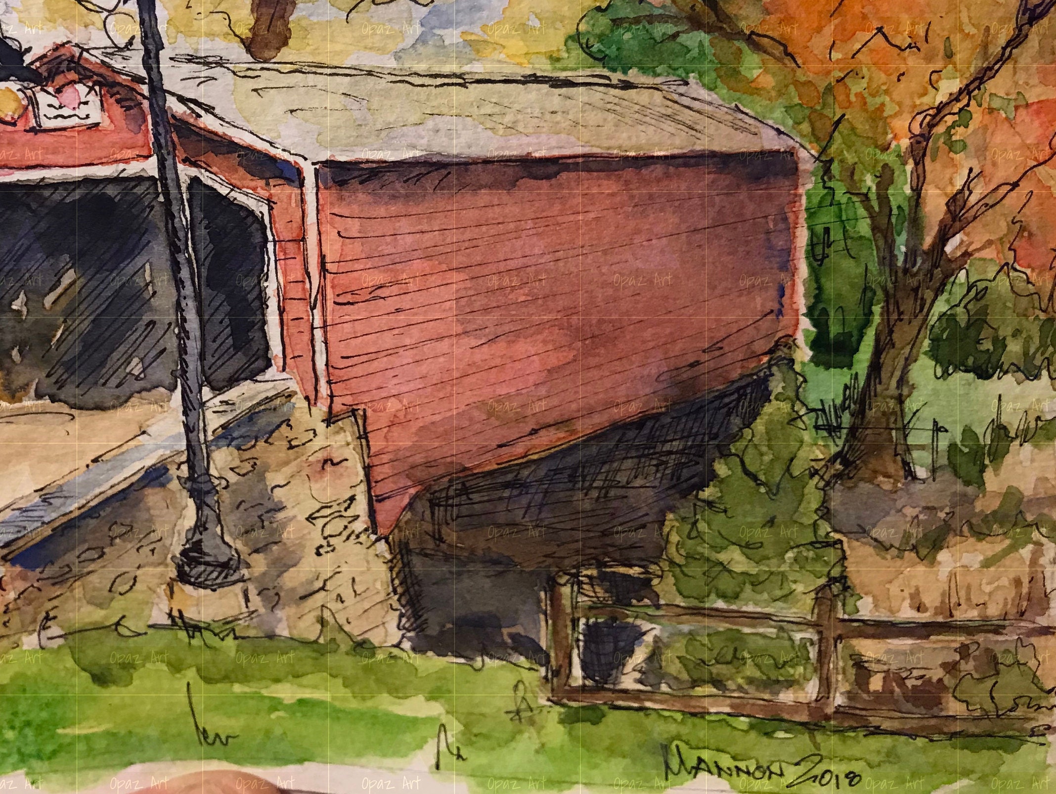 COVERED BRIDGE WATERCOLOR Fine Art Print by Artist B. Mannon - Etsy
